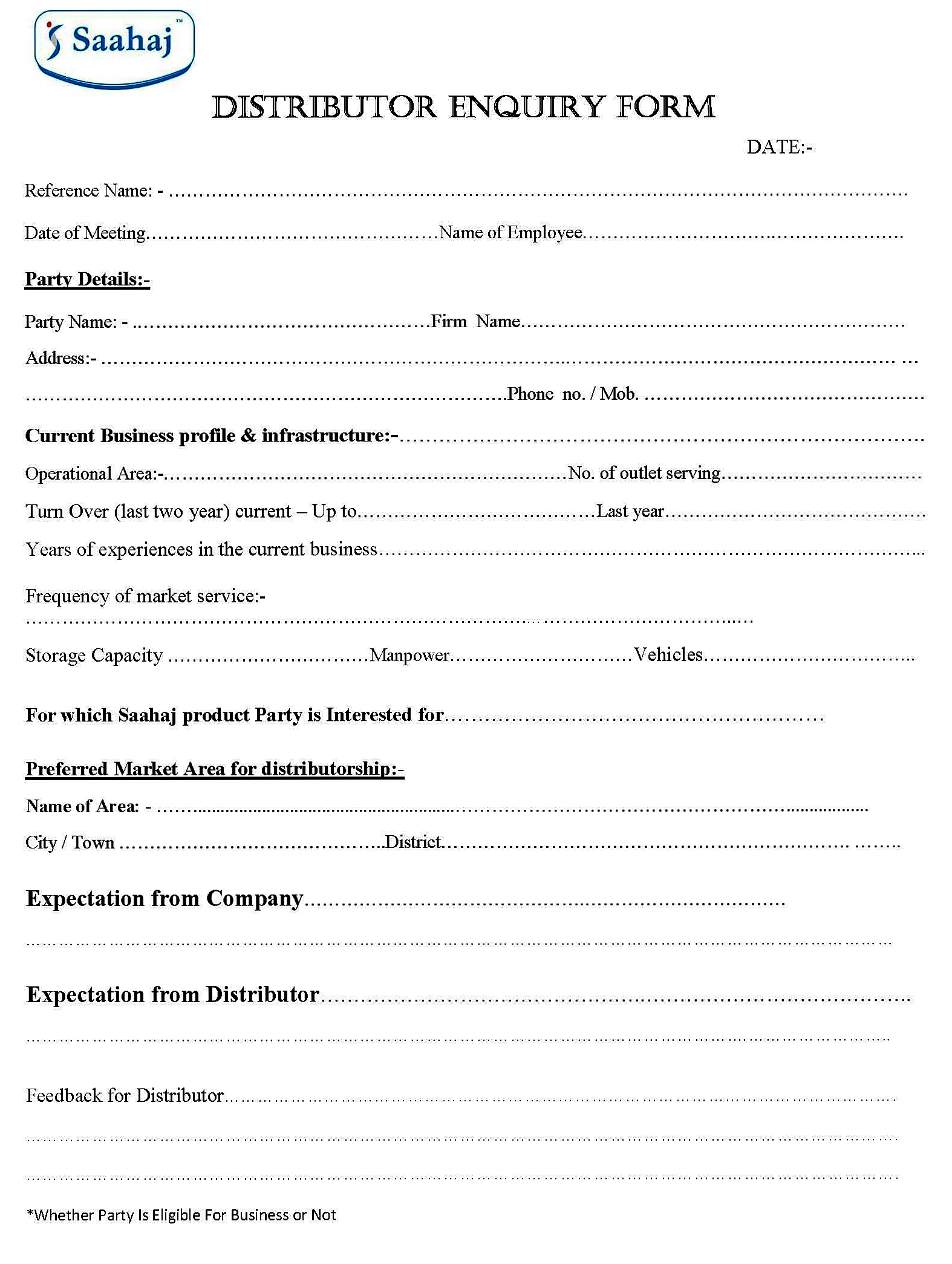 Distributor Enquiry - Saahaj - Milk Producer Company LTD